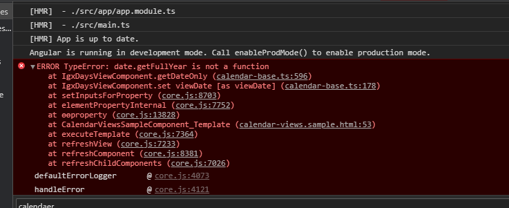 Calendar throws when selection is range and viewDate plus two way data bound value are set ...