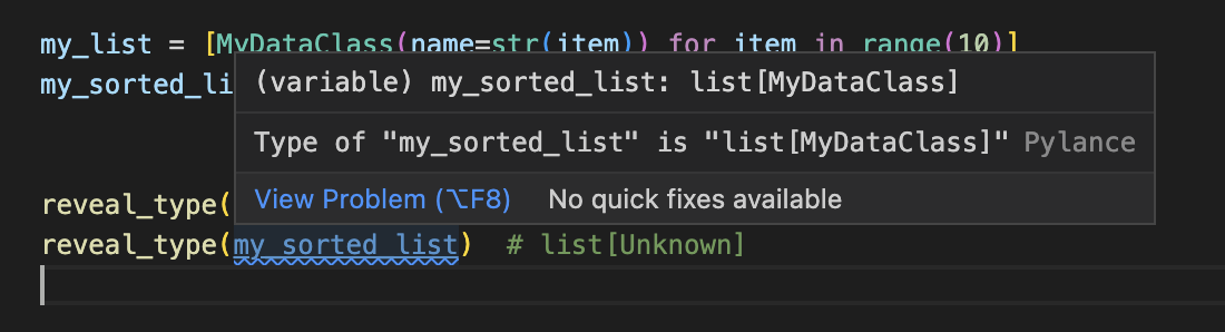 Pylance loses type information after applying sorted() on list of dataclass instances · Issue ...