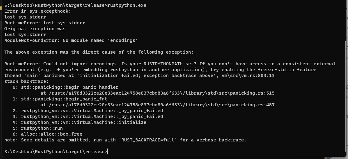 thread 'main' panicked at 'initialization failed;;;ModuleNotFoundError ...