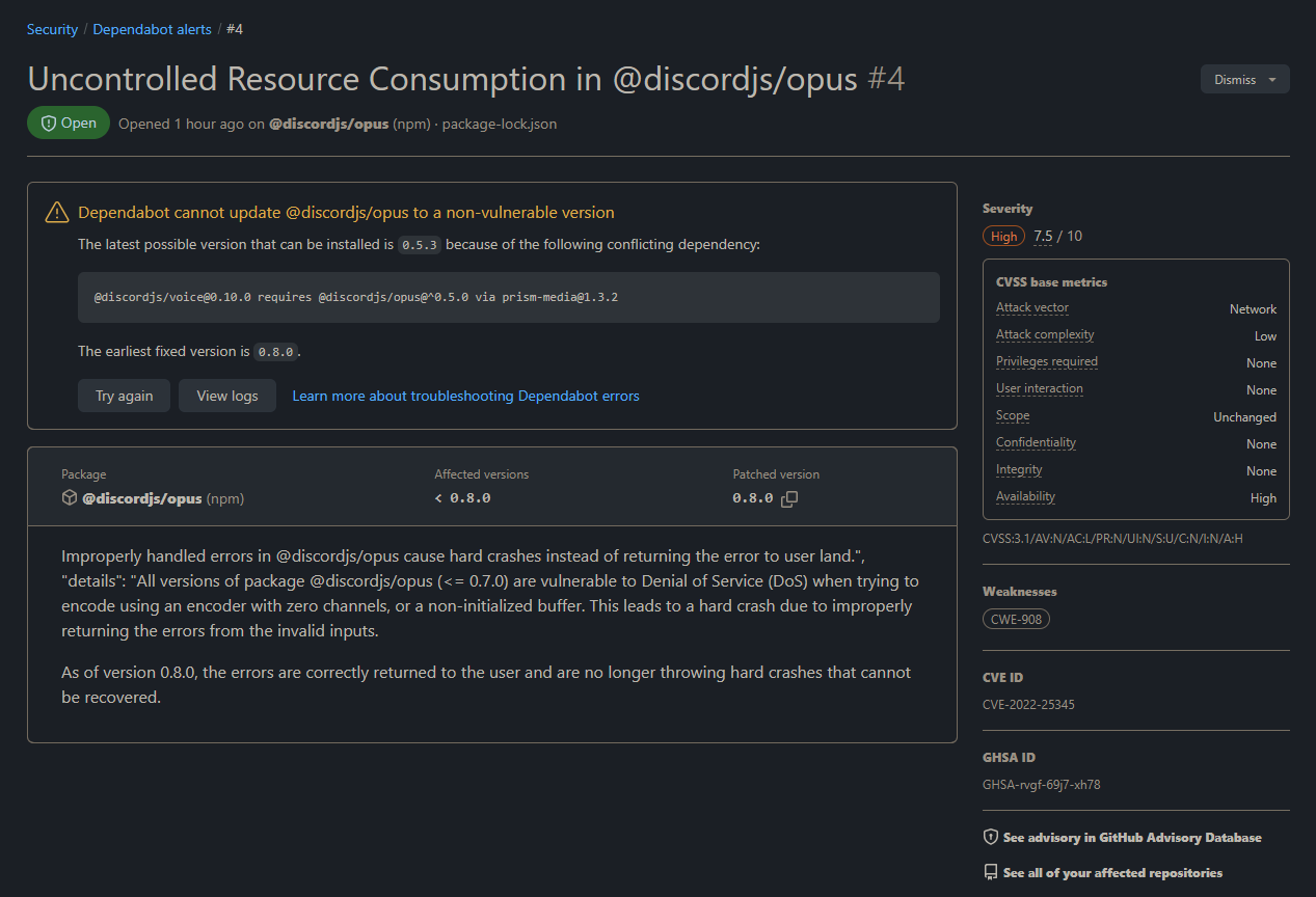 @discordjs/voice requires vulnerable version of @discordjs/opus via prism-media · Issue #8240 ...