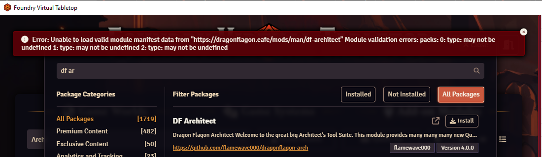 Unable to install or update in Foundry v11: Module validation errors due to missing packs[].type ...