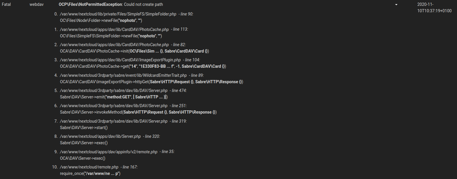 Every contact produce a fatal error [OCP\Files\NotPermittedException: Could not create path] in ...
