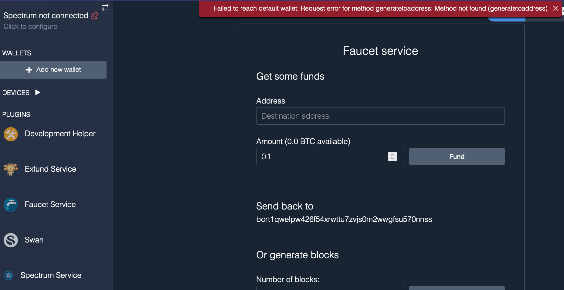 Not compatible with Spectrum since generatetoaddress is not implemented · Issue #1 ...