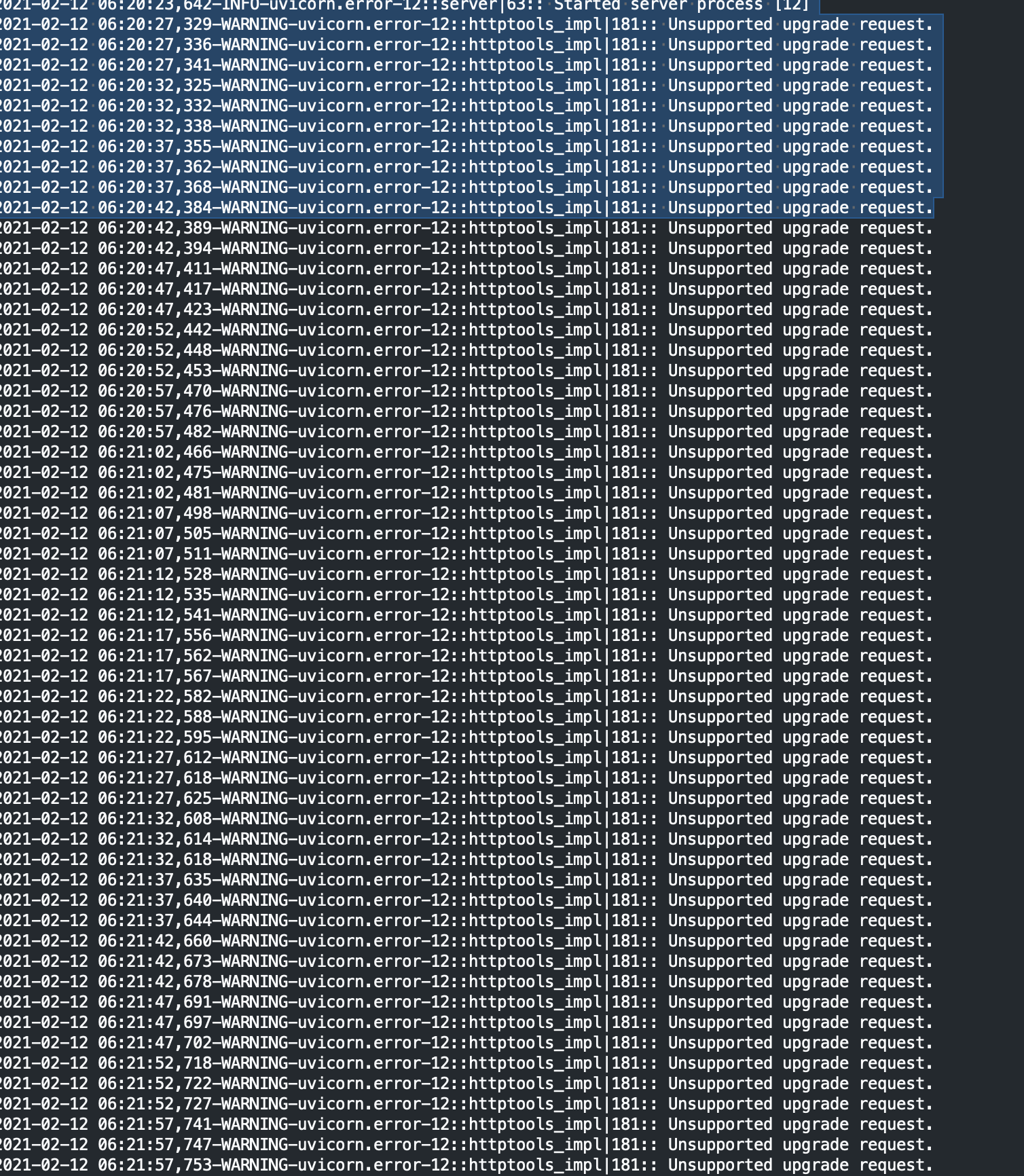 WARNING-uvicorn.error httptools_impl 181 Unsupported upgrade request. · Issue #954 · Kludex ...