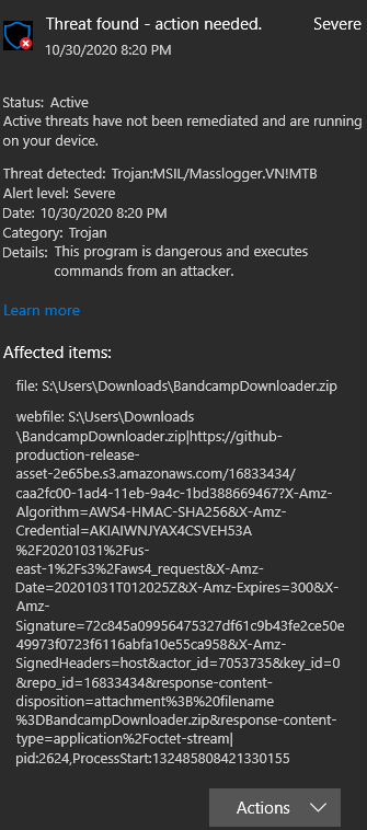 Virus detected? · Issue #162 · Otiel/BandcampDownloader · GitHub
