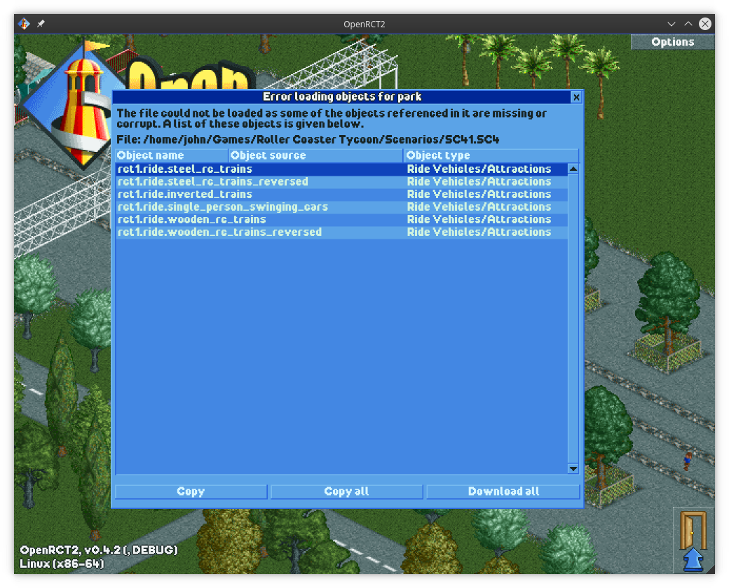 "Error loading objects for park" for RCT1 scenarios · Issue #18461 · OpenRCT2/OpenRCT2 · GitHub