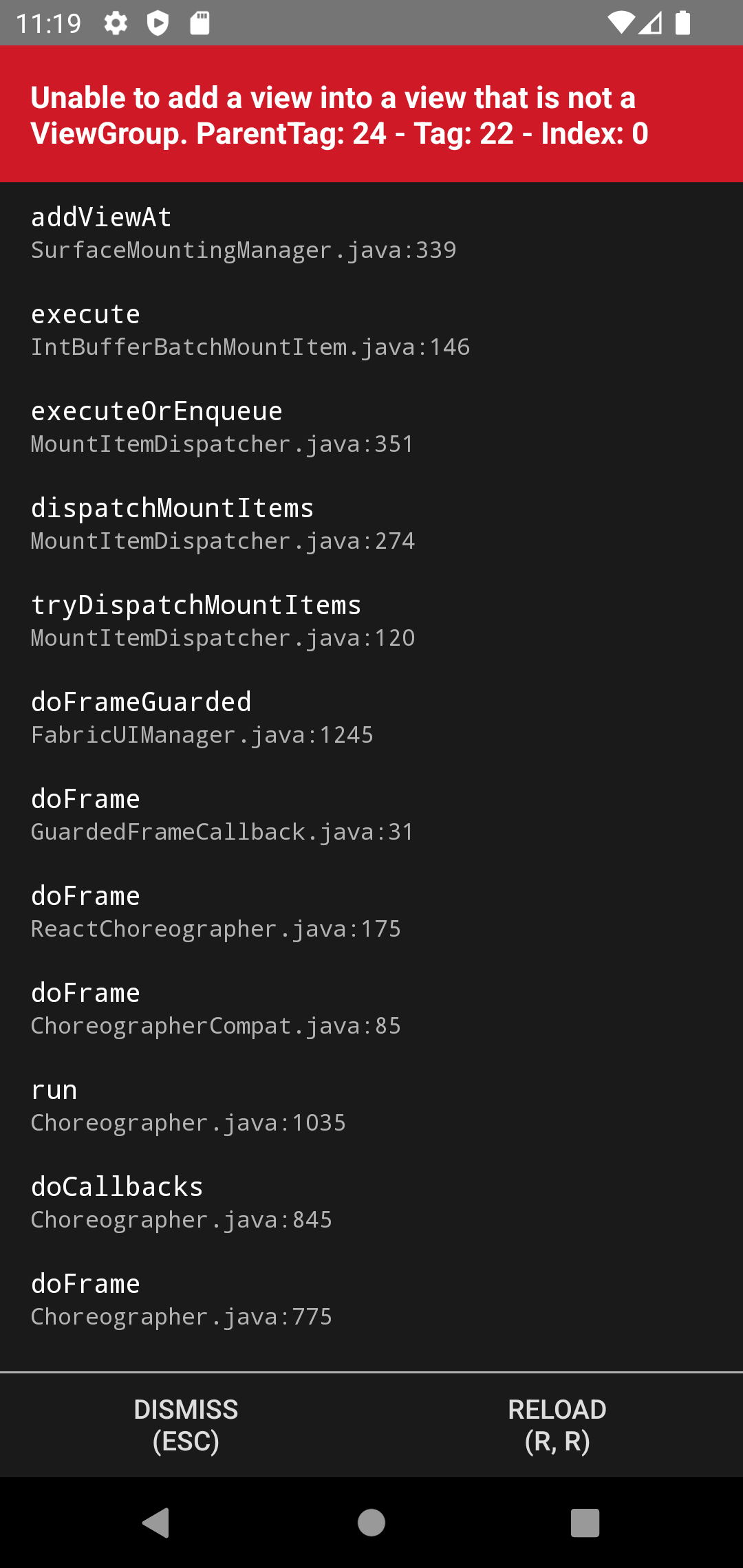Unable to add a view into a view that is not a ViewGroup. ParentTag:24 ... Unable to add a view into a view that is not a ViewGroup. ParentTag:24 ...