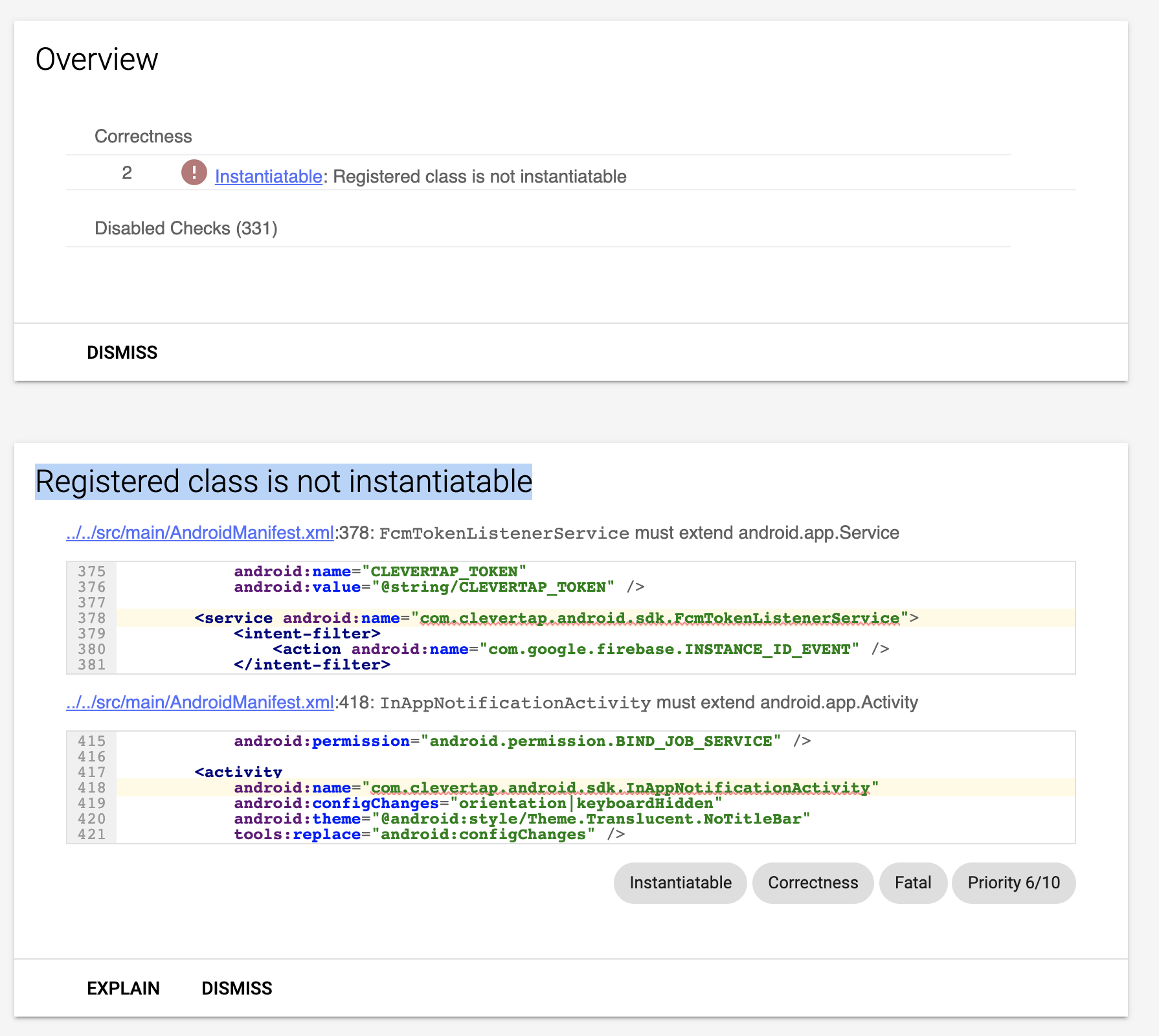 FcmTokenListenerService & InAppNotificationActivity in AndroidManifest.xml shows linter error ...
