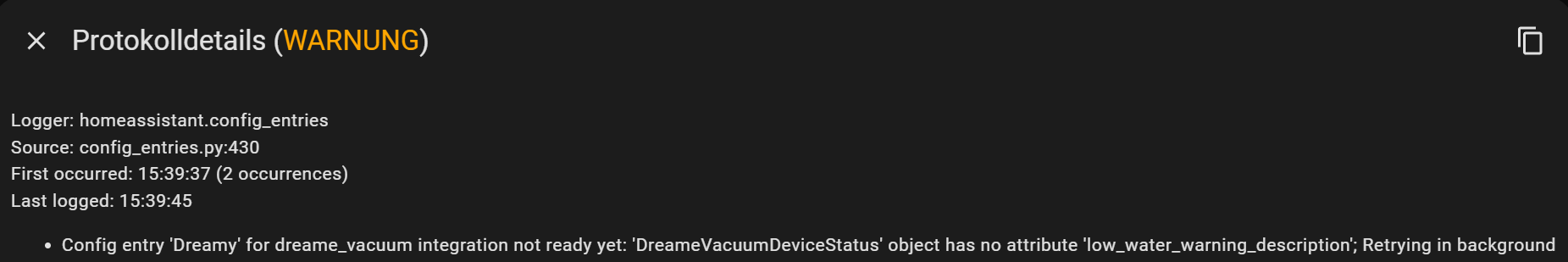 Integration crashing on low water - L10S Ultra · Issue #206 · Tasshack/dreame-vacuum · GitHub