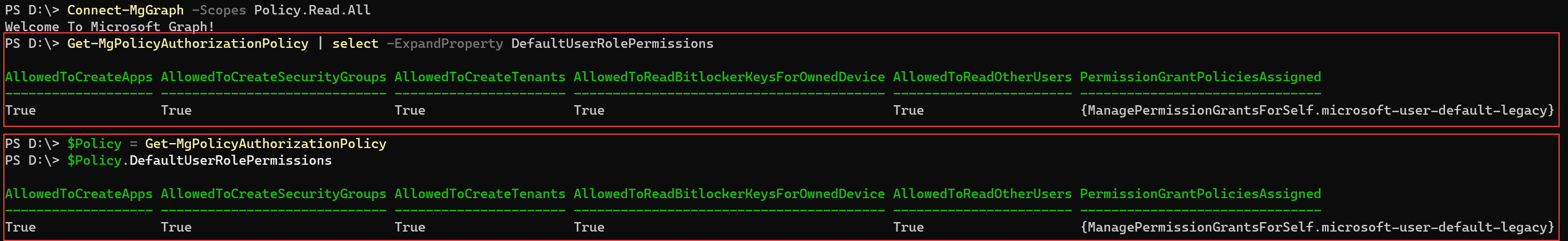 Get-MgPolicyAuthorizationPolicy -Property defaultUserRolePermissions doest return the right ...