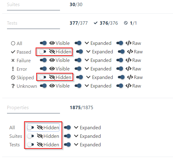 Properties and passed tests invisible by default · Issue #93 ...