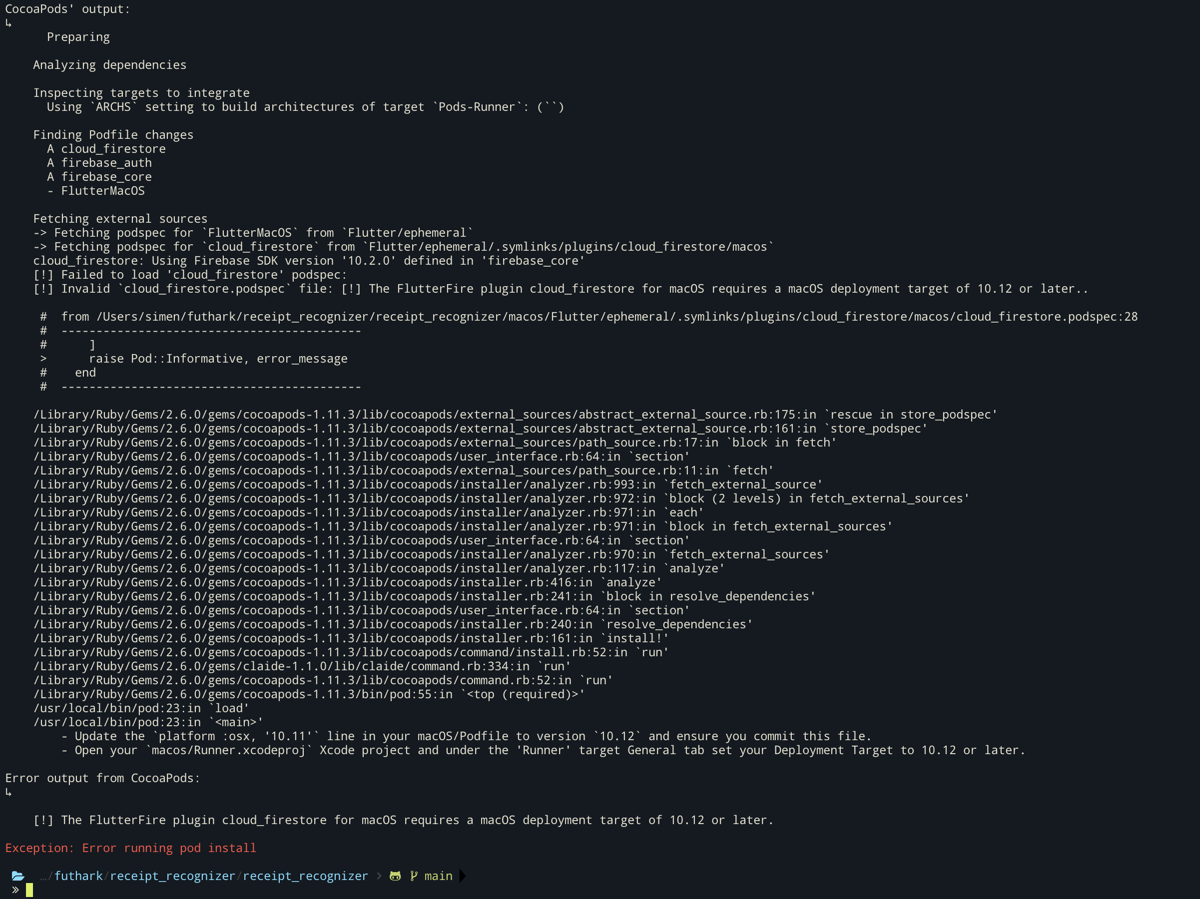 FlutterFire plugin cloud_firestore for macOS requires a macOS deployment target of 10.12 or ...