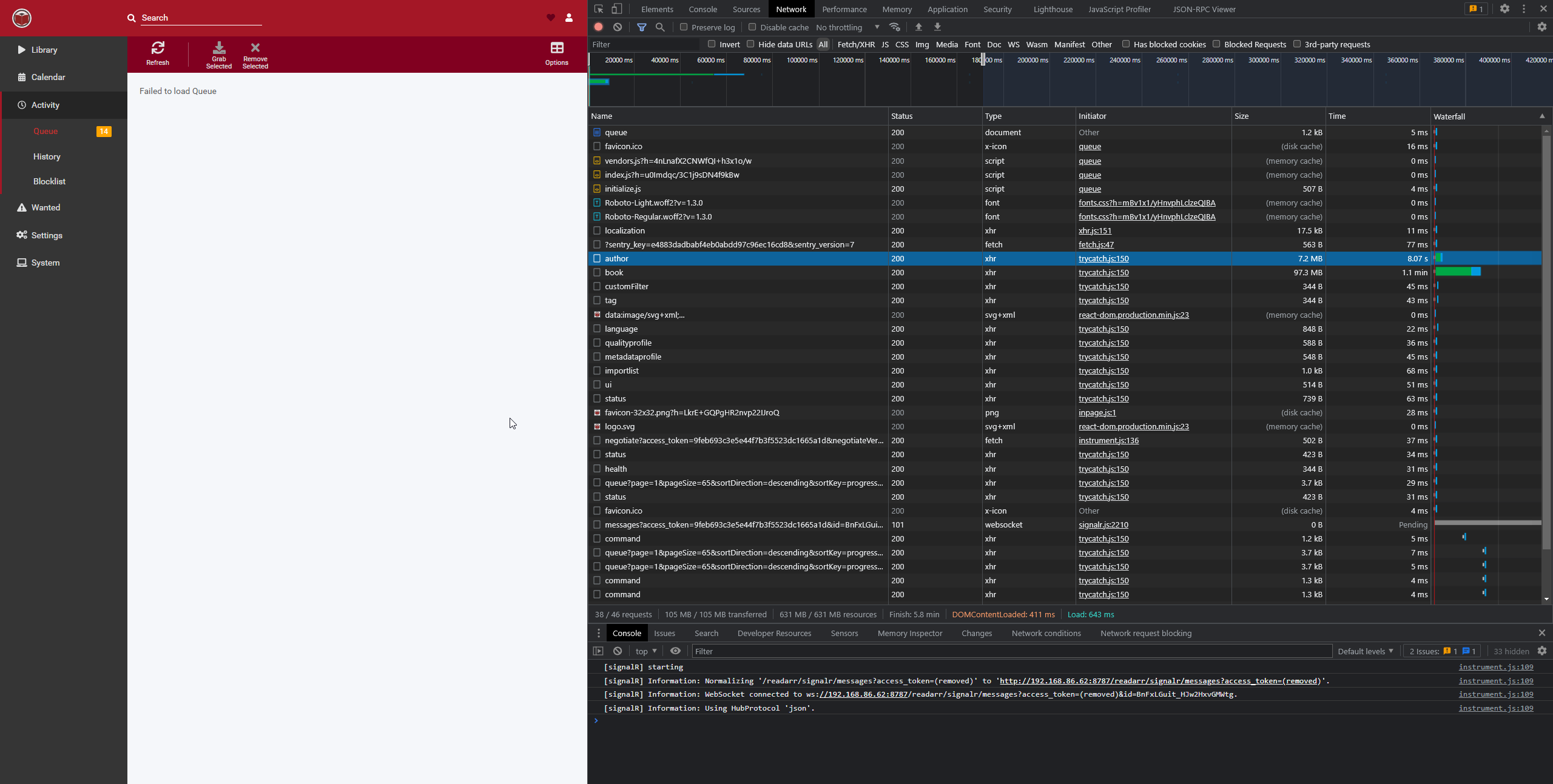 Receiving errors "Unable to load history. - Unable to load queue ...