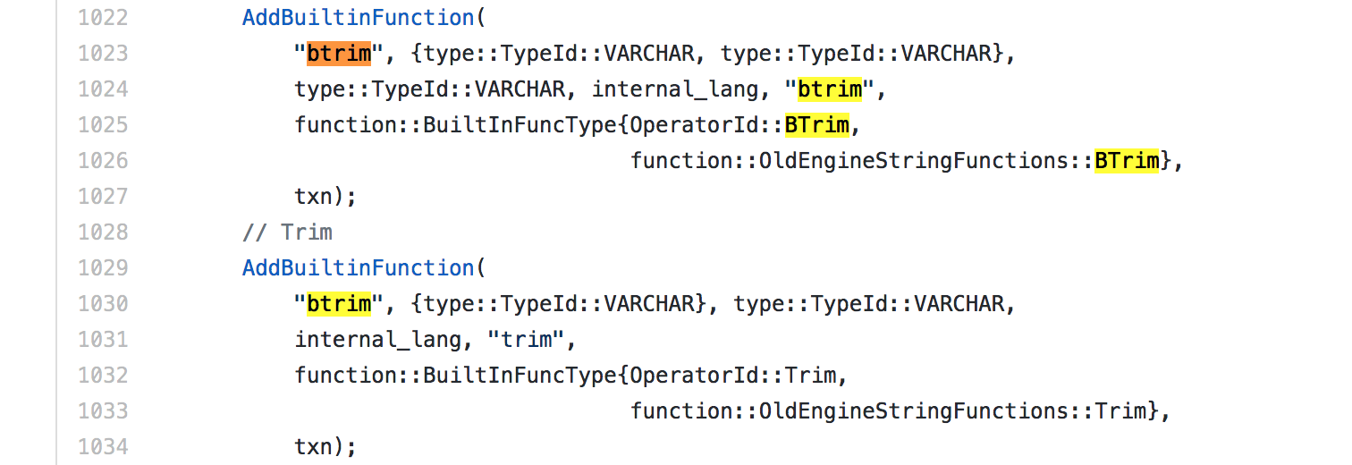 Duplicate function names "btrim" in src/catalog/catalog.cpp · Issue #1072 · cmu-db/peloton · GitHub