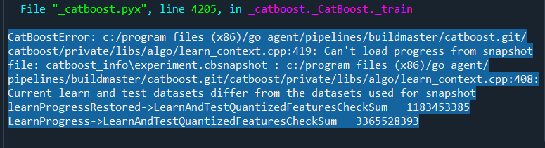CATBOOST Error: Can't load progress from snapshot file: Current learn ...