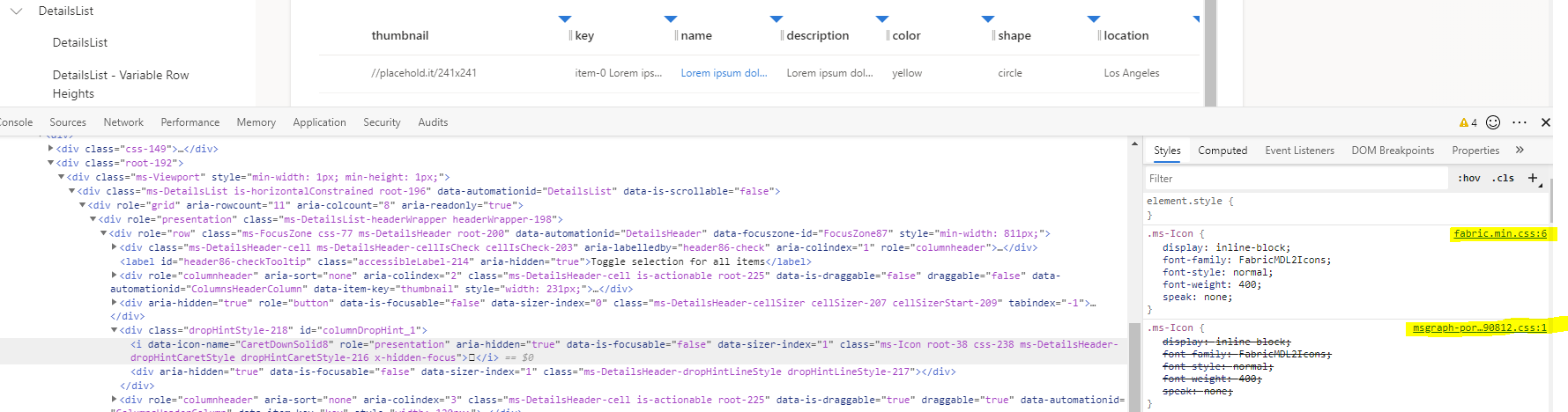 DetailsList drop hints and the gripper bars displayed for all columns ...