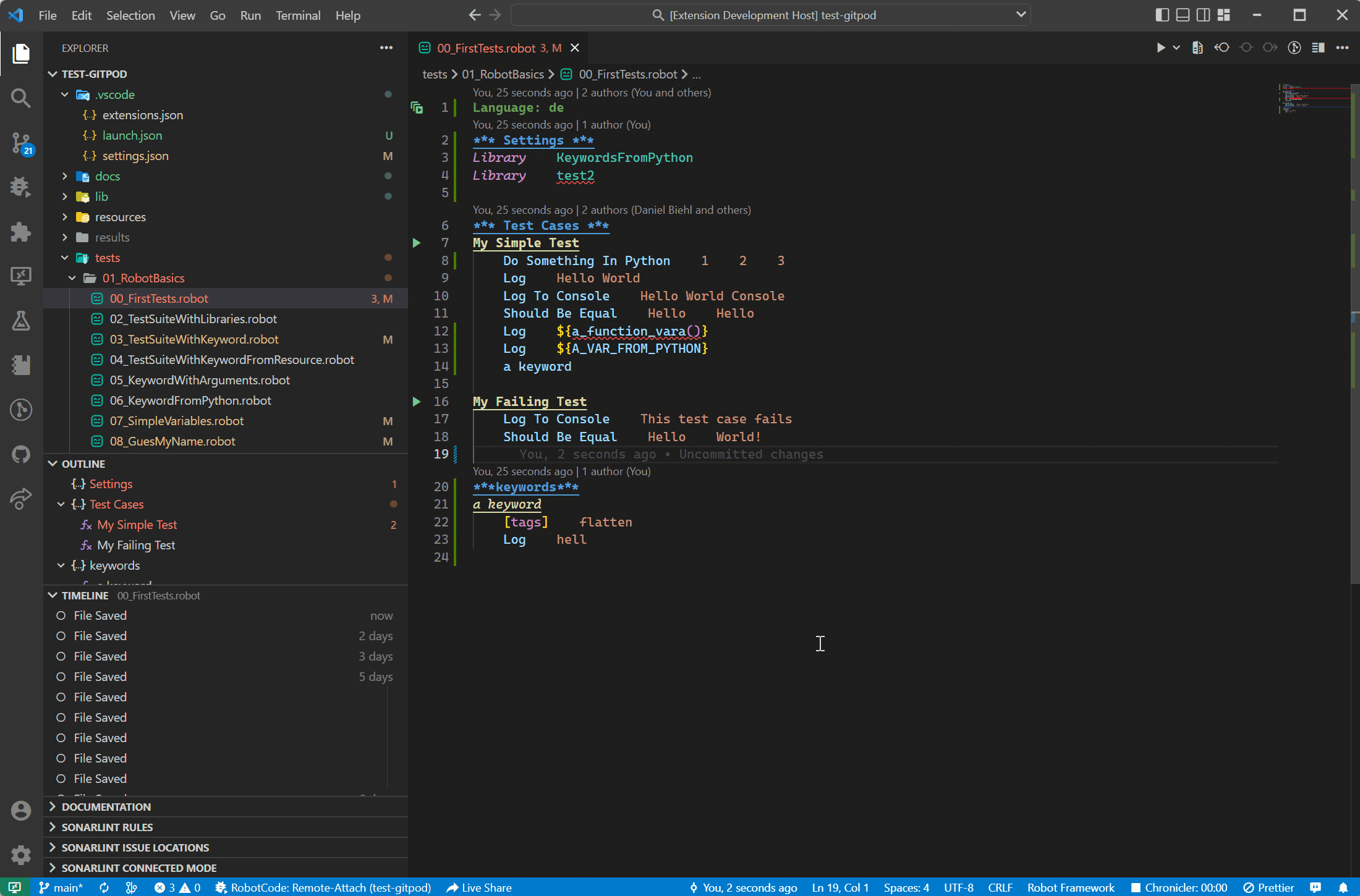 How we can select and run and multiple tests using robot code extension ...