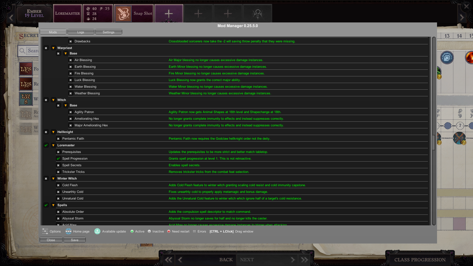 Loremaster's Otherclass spell selection (spell secrets) is gone when Spell Secret fix is ...