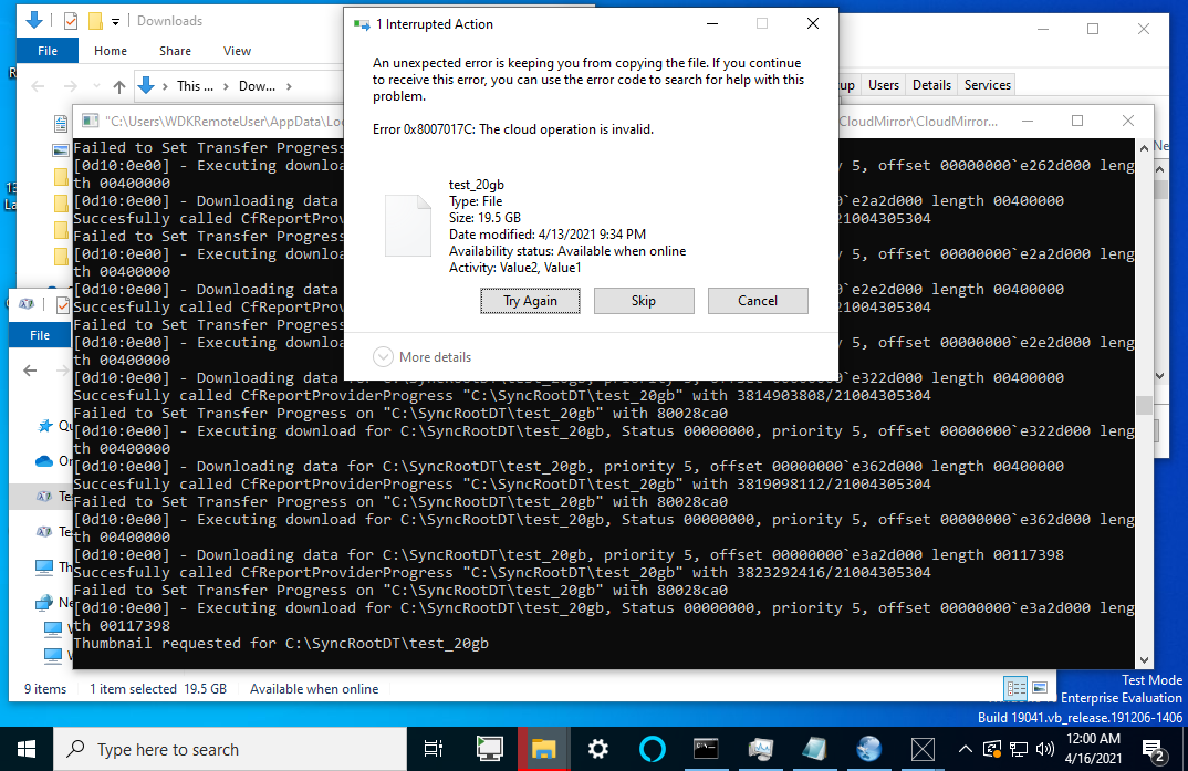 CloudMirror: errors 0x8007017c, 0x80028ca0 hydrating 20GB file · Issue ...