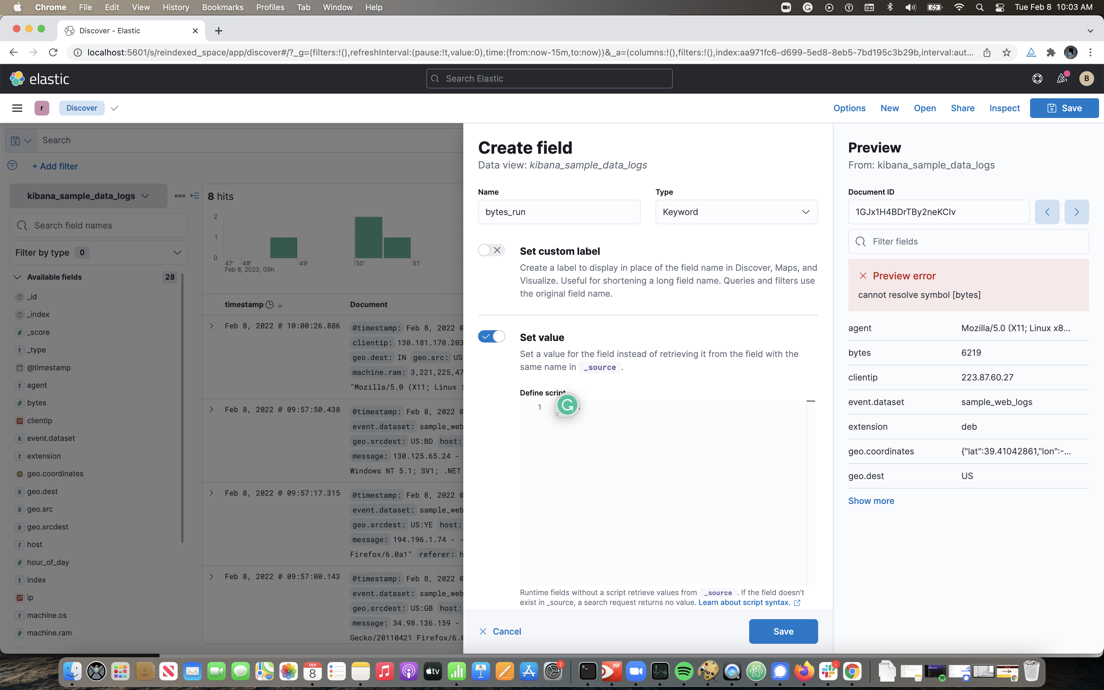 Kibana Displays Failed To Load Field Preview Internal Server Error For Runtime Set Value