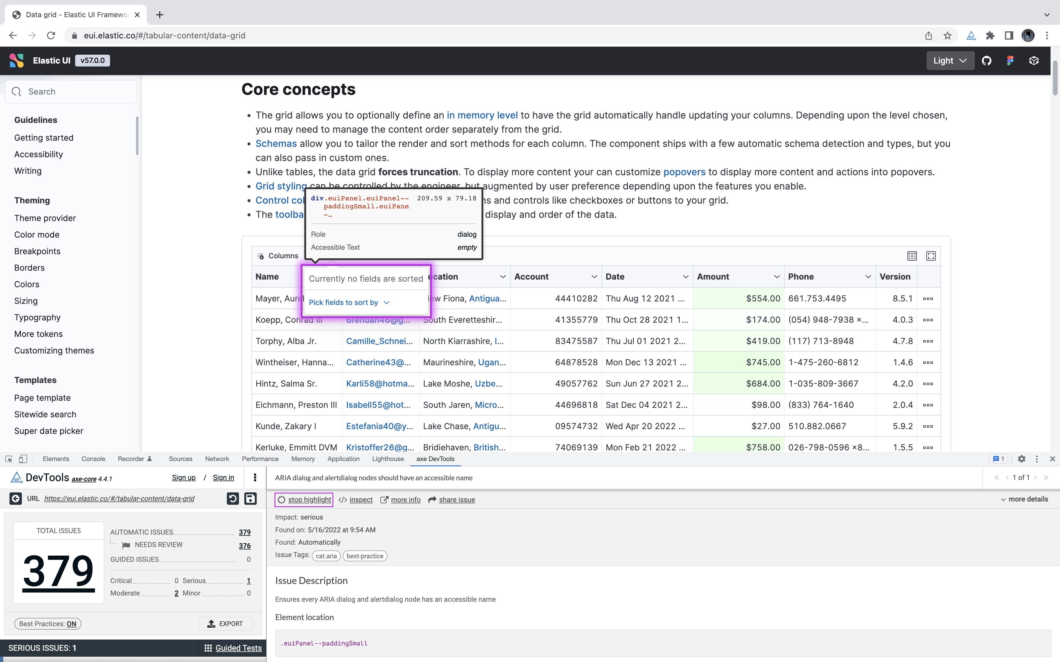 [EuiDataGrid] Sorting drag handle axe error: 'Ensures buttons have discernible text' · Issue ...