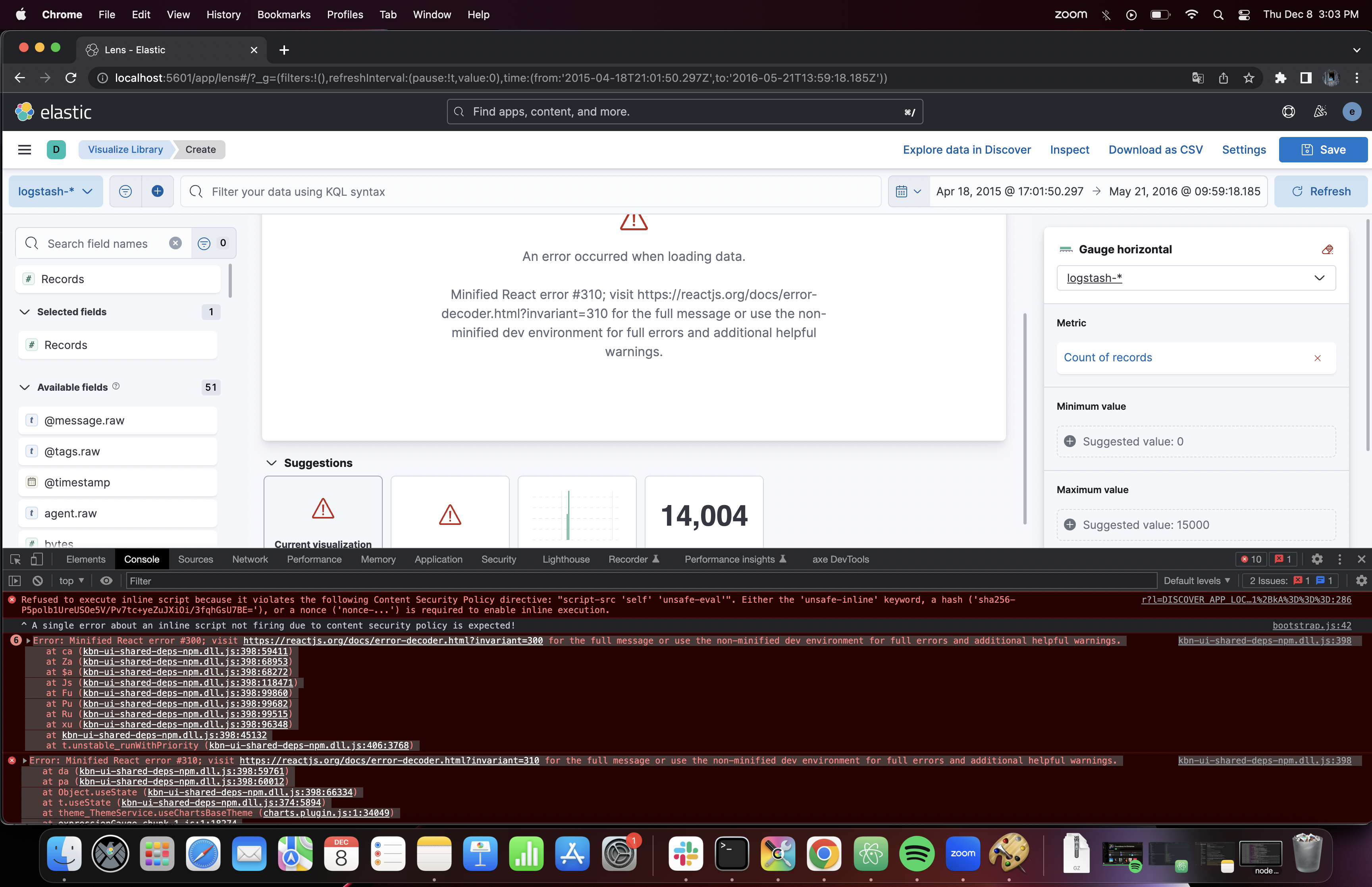 Minified react data loading error when user switches between two data views in lens for gauge ...