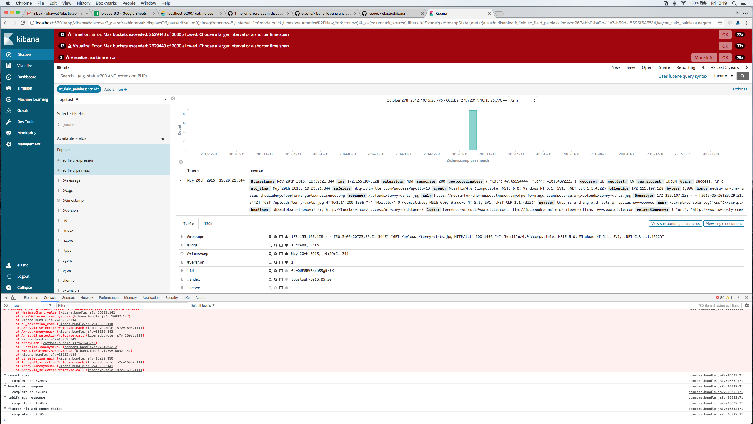 Timelion errors out in discover every time date range exceeds it's max bucket range. · Issue ...