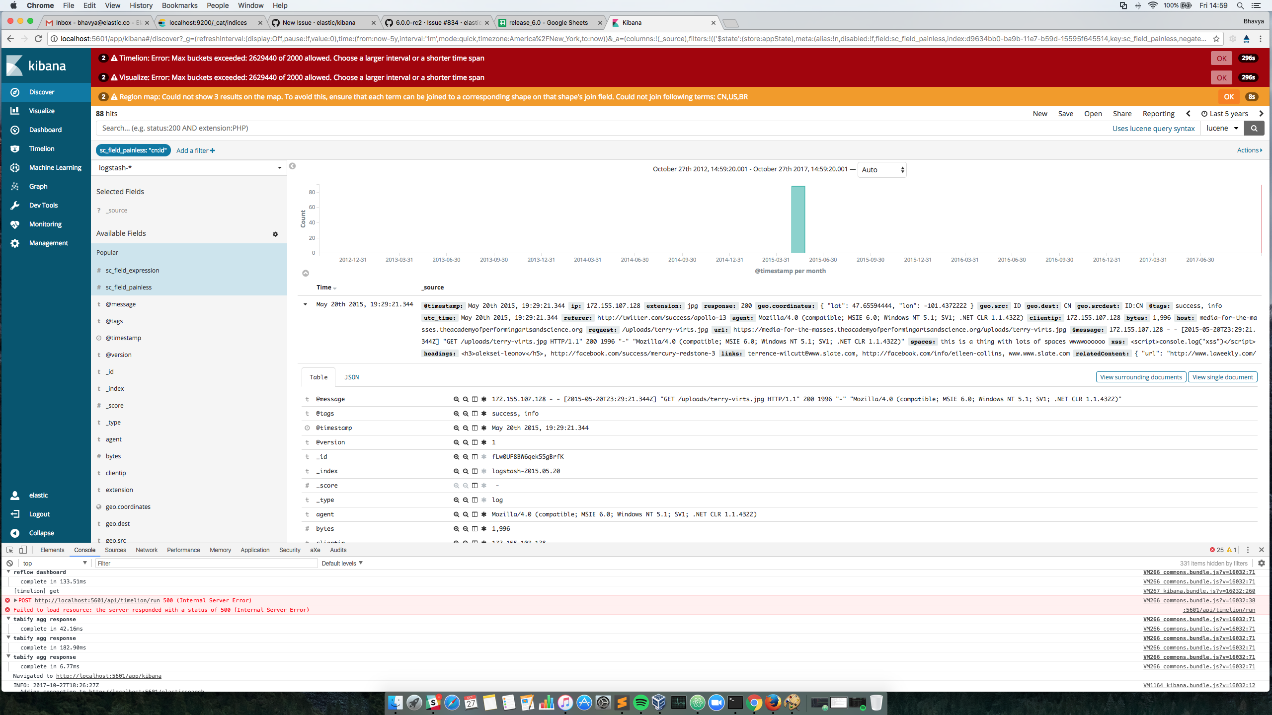 Timelion errors out in discover every time date range exceeds it's max bucket range. · Issue ...