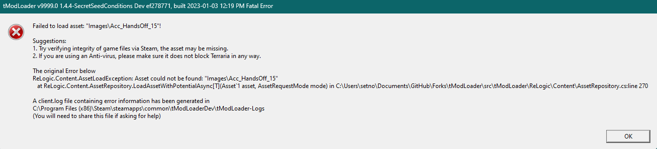 [1.4.4] Asset Load Error, followed by crash, for "Hand of Creation" (Acc_HandsOff_15) · Issue ...