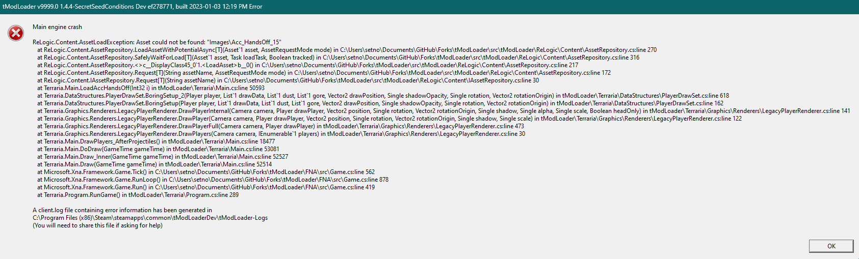 [1.4.4] Asset Load Error, followed by crash, for "Hand of Creation" (Acc_HandsOff_15) · Issue ...