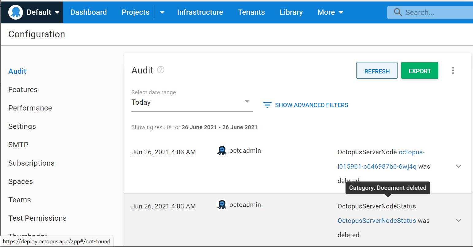 More audit event links point to /not-found · Issue #7046 · OctopusDeploy/Issues · GitHub