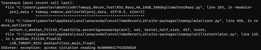 Access Violation Error on remove_outlier3d · Issue #622 · tomopy/tomopy · GitHub
