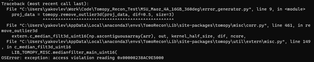 Access Violation Error on remove_outlier3d · Issue #622 · tomopy/tomopy · GitHub