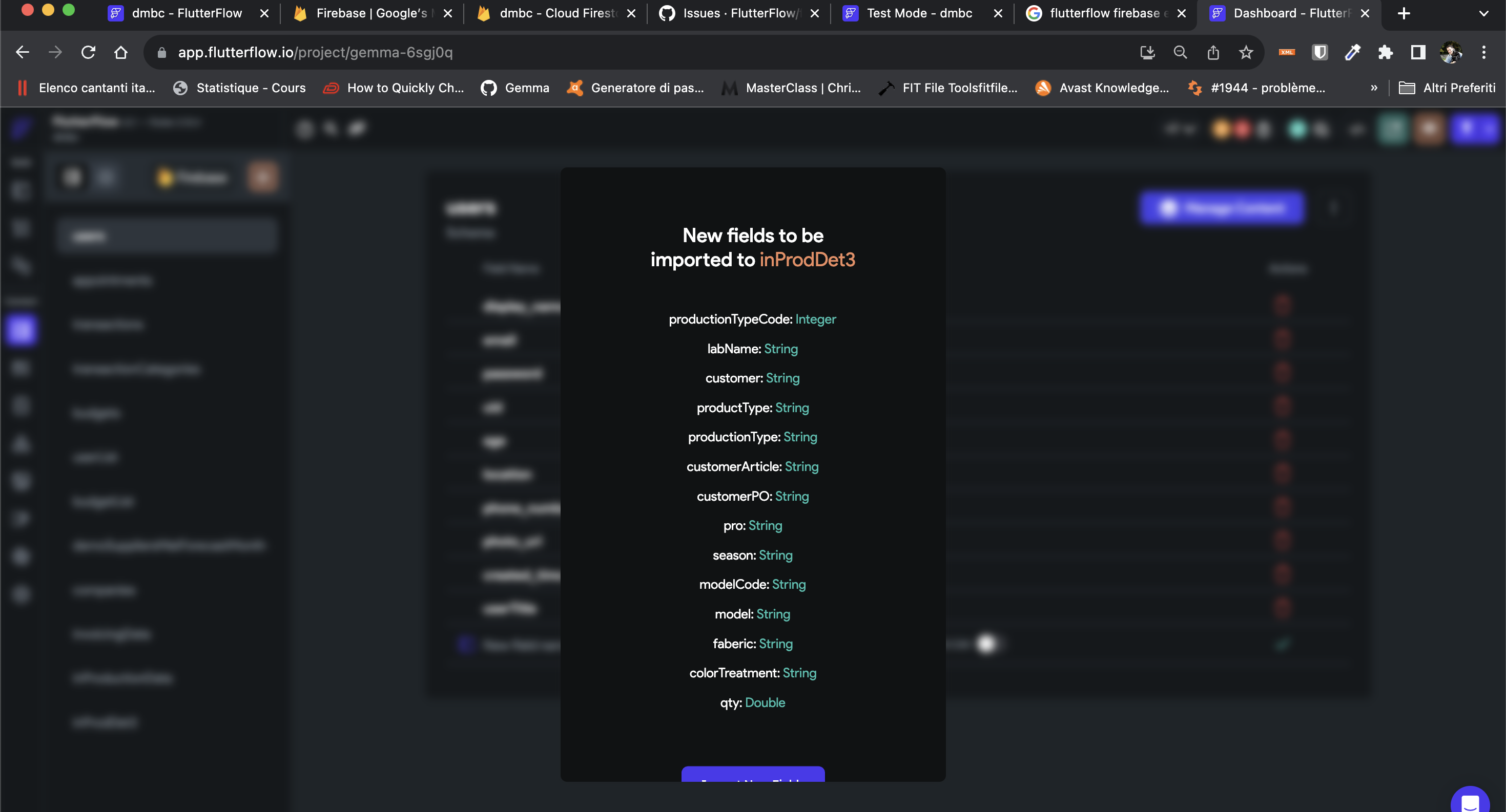 Cannot import csv in firebase with many columns. button to confirm fields creation not visibile ...