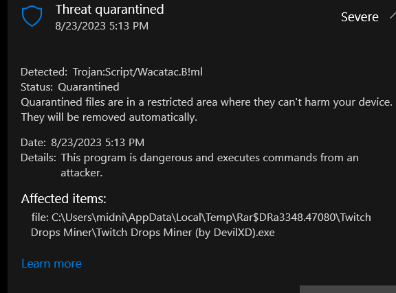 windows defender · Issue #284 · DevilXD/TwitchDropsMiner · GitHub