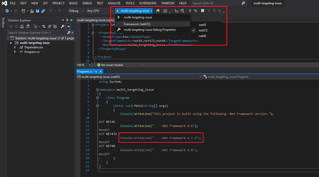 Code highlighting should change depending on the active debug framework ...