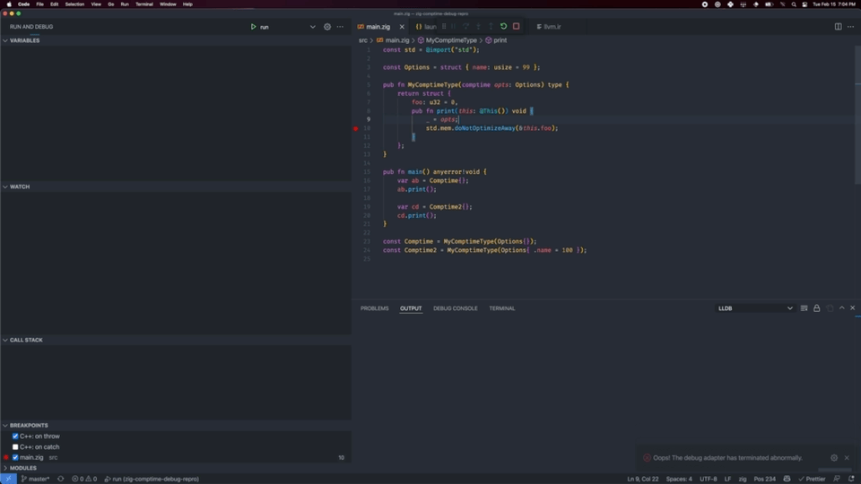 `comptime` struct segfaults LLDB · Issue #10903 · ziglang/zig · GitHub