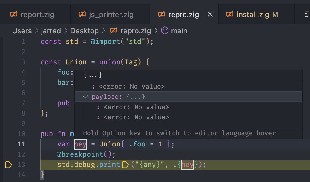Debug info for tagged unions is broken in stage2 · Issue #14124 · ziglang/zig · GitHub