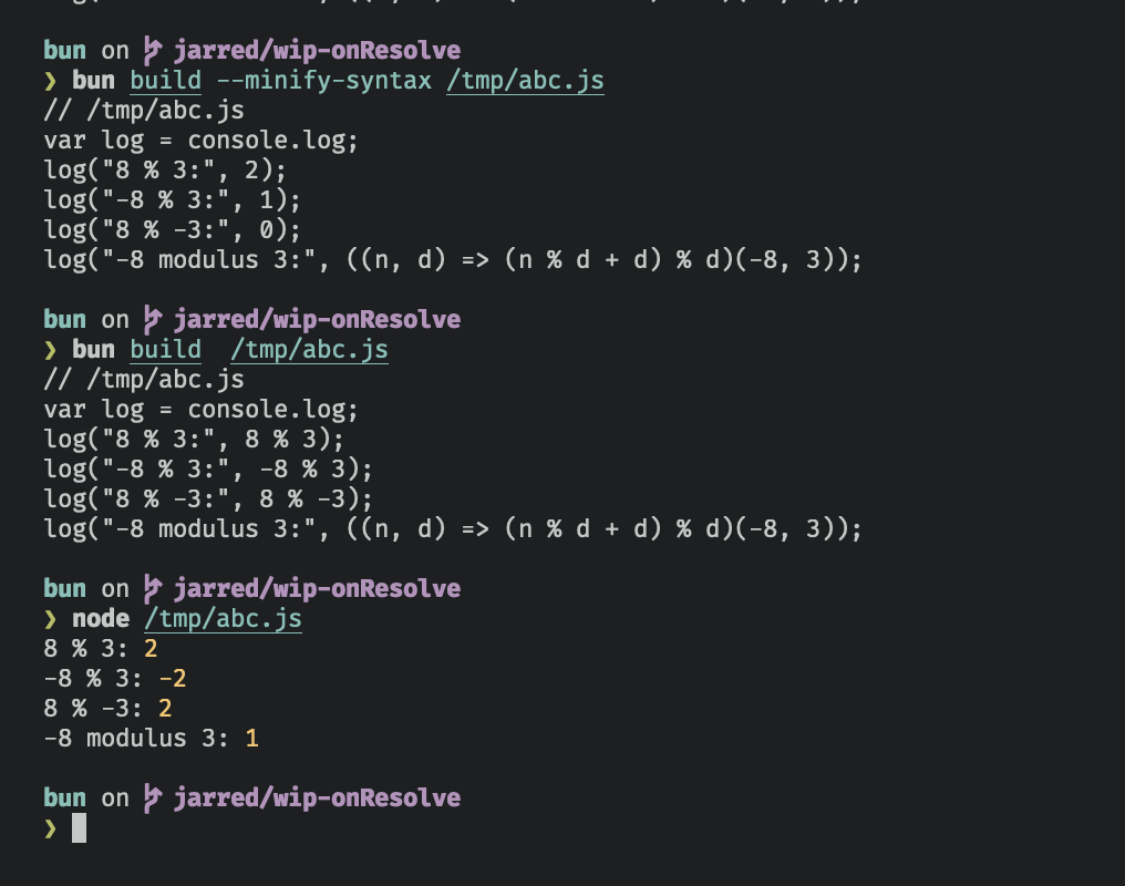 Remainder % operator incorrect for negative operands · Issue #2738 · oven-sh/bun · GitHub