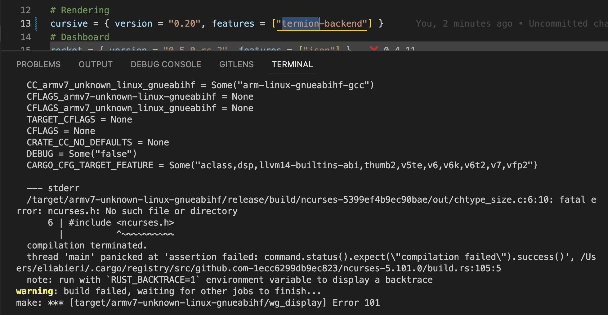 [BUG] ncurses.h is required for compilation even though termion backend ...