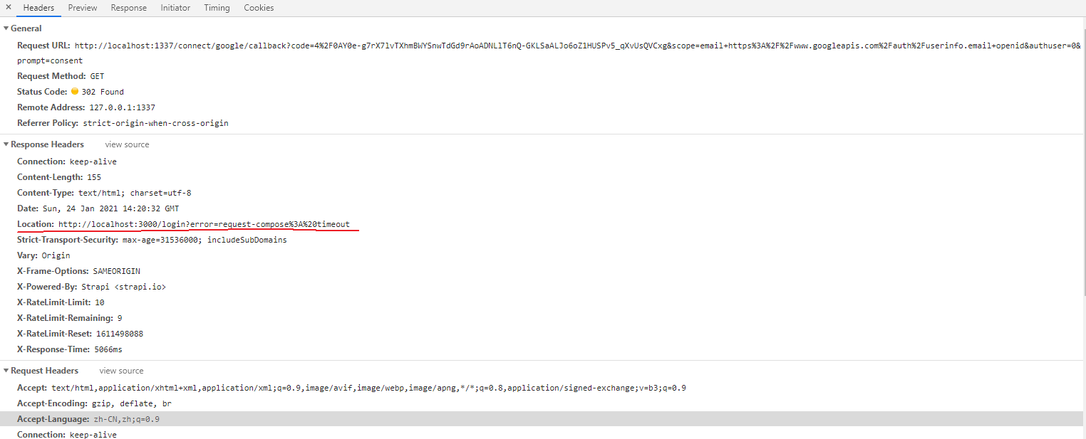 google provider return 302 error (error=request-compose%3A%20timeout ...