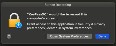 KeePassXC wants to record the screen. · Issue #3689 · keepassxreboot/keepassxc · GitHub