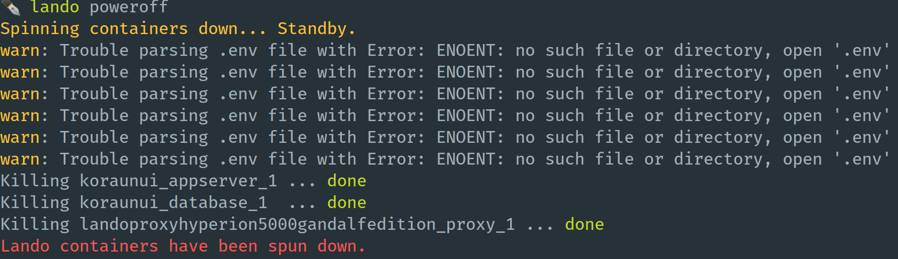 Lando poweroff should not output warnings about .env file · Issue #1242 · lando/lando · GitHub