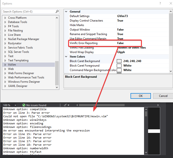 v2.7.0.0 - vimrc errors reported despite setting being off · Issue #2585 · VsVim/VsVim · GitHub