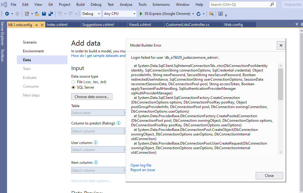 Setting Sql Datasource Login Problem · Issue 1540 · Dotnetmachinelearning Modelbuilder · Github