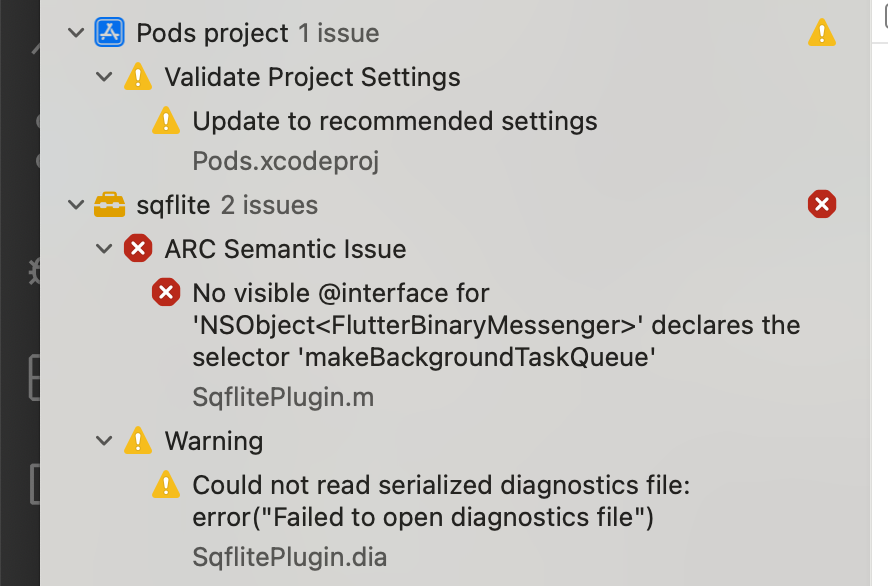 ios Unable to run bug:SqflitePlugin.m:134:69 · Issue #872 · tekartik/sqflite · GitHub
