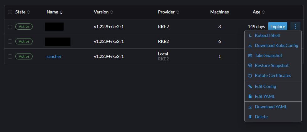 "Take Snapshot" not visible for local Management Cluster · Issue #5894 · rancher/dashboard · GitHub