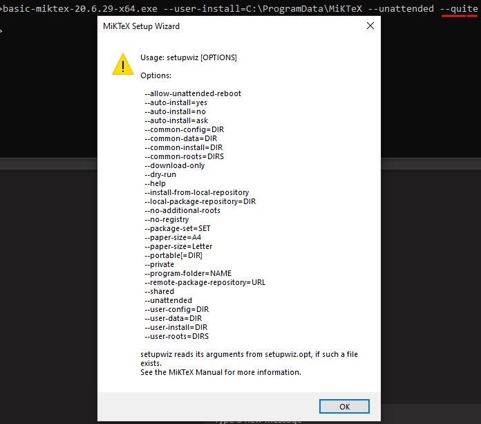 Completely silent installation #620 · Issue #621 · MiKTeX/miktex · GitHub