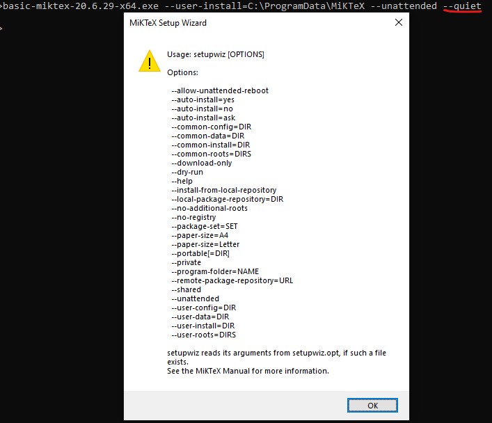Completely silent installation #620 #621 · Issue #623 · MiKTeX/miktex · GitHub