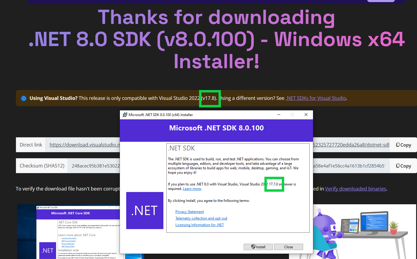 Conflicting information between .NET 8 installer and webpage regarding the minimally required ...